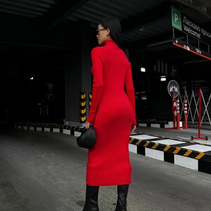 Red Seamless Knitted Dress for Women Ribbed Knit Dress Turtleneck Dress ...