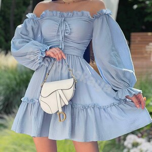 Light Blue Cotton Mini Dress for Women off Shoulder Dress Tender Ruffle ...