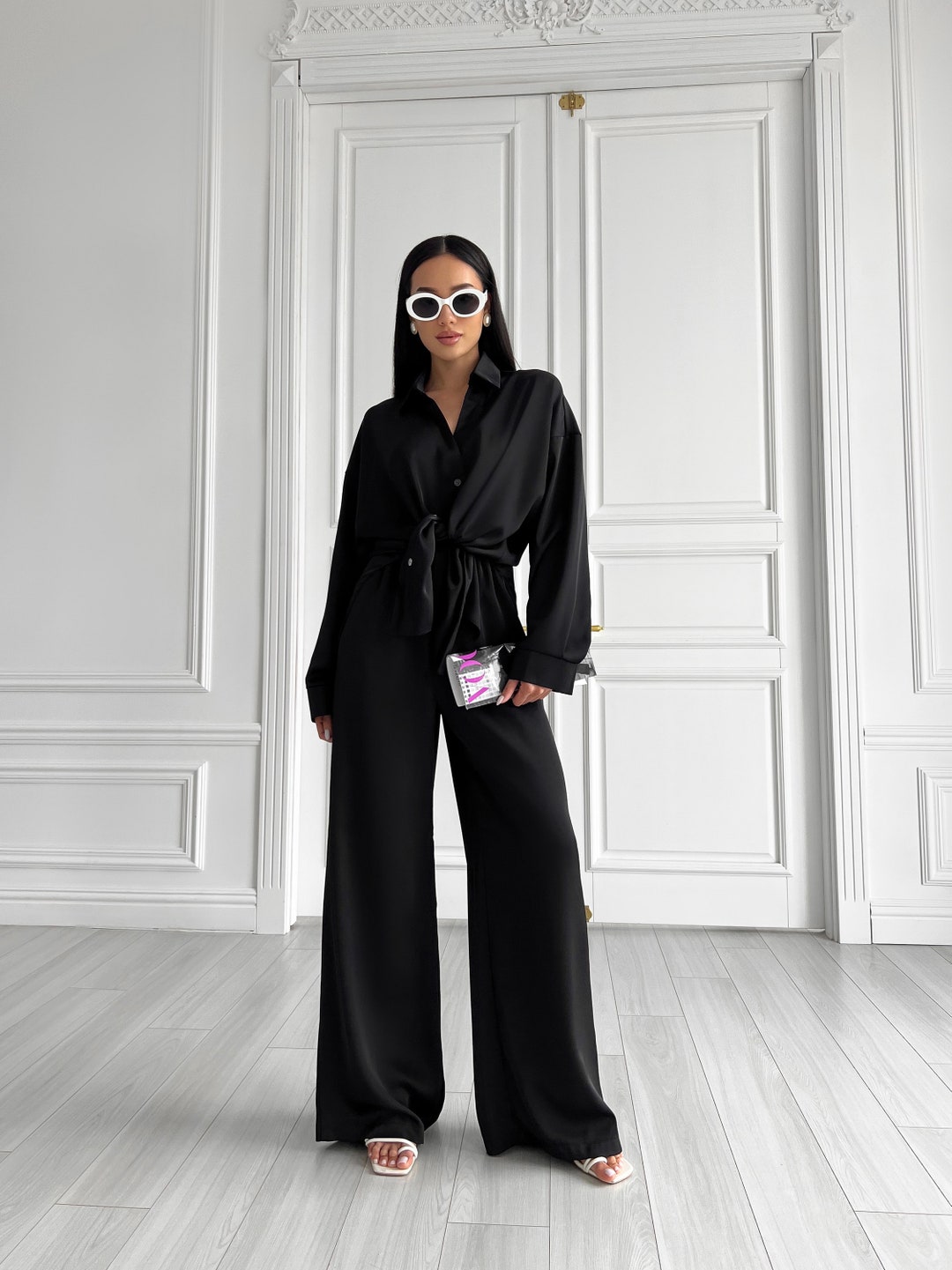 Black Satin Suit Set for Women 2 Piece Set Loose Fit Suit Asymmetric ...