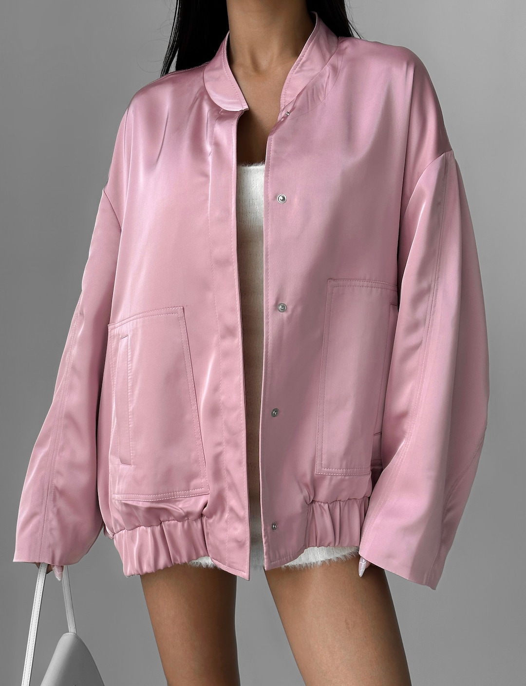 Pink Satin Bomber Jacket for Women Oversized Jacket Loose Fit Blazer ...