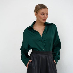 Emerald Green Satin Blouse: Asymmetric Hem Buttoned Shirt - Etsy