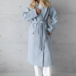 Light Blue Wool Wrap Coat: Women's Belted Overcoat With Pockets - Etsy