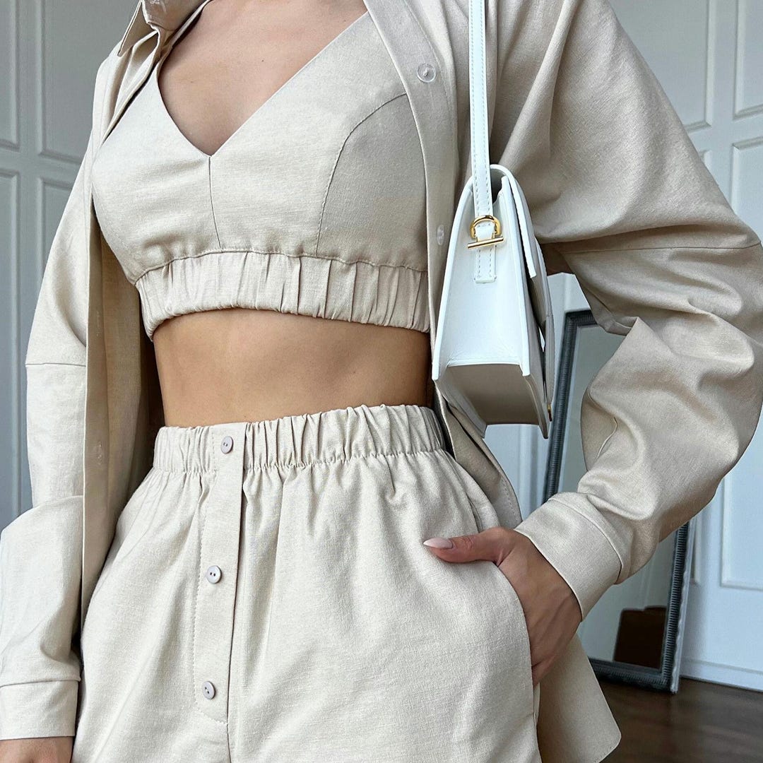 Beige Linen Suit for Women 3 Piece Set Loose Fit Shirt Deep V Neck Top ...