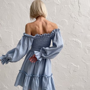 Light Blue Cotton Mini Dress for Women off Shoulder Dress Tender Ruffle ...