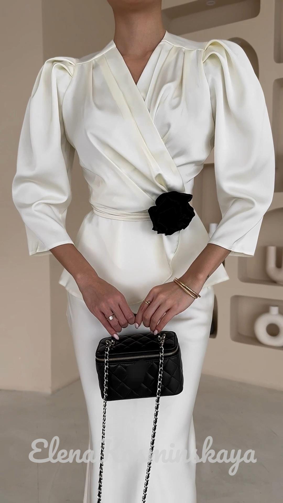 White Satin Suit for Women Satin Skirt Suit 2 Piece Setdeep V Neck Puff Sleeve Fitted Blouse ...