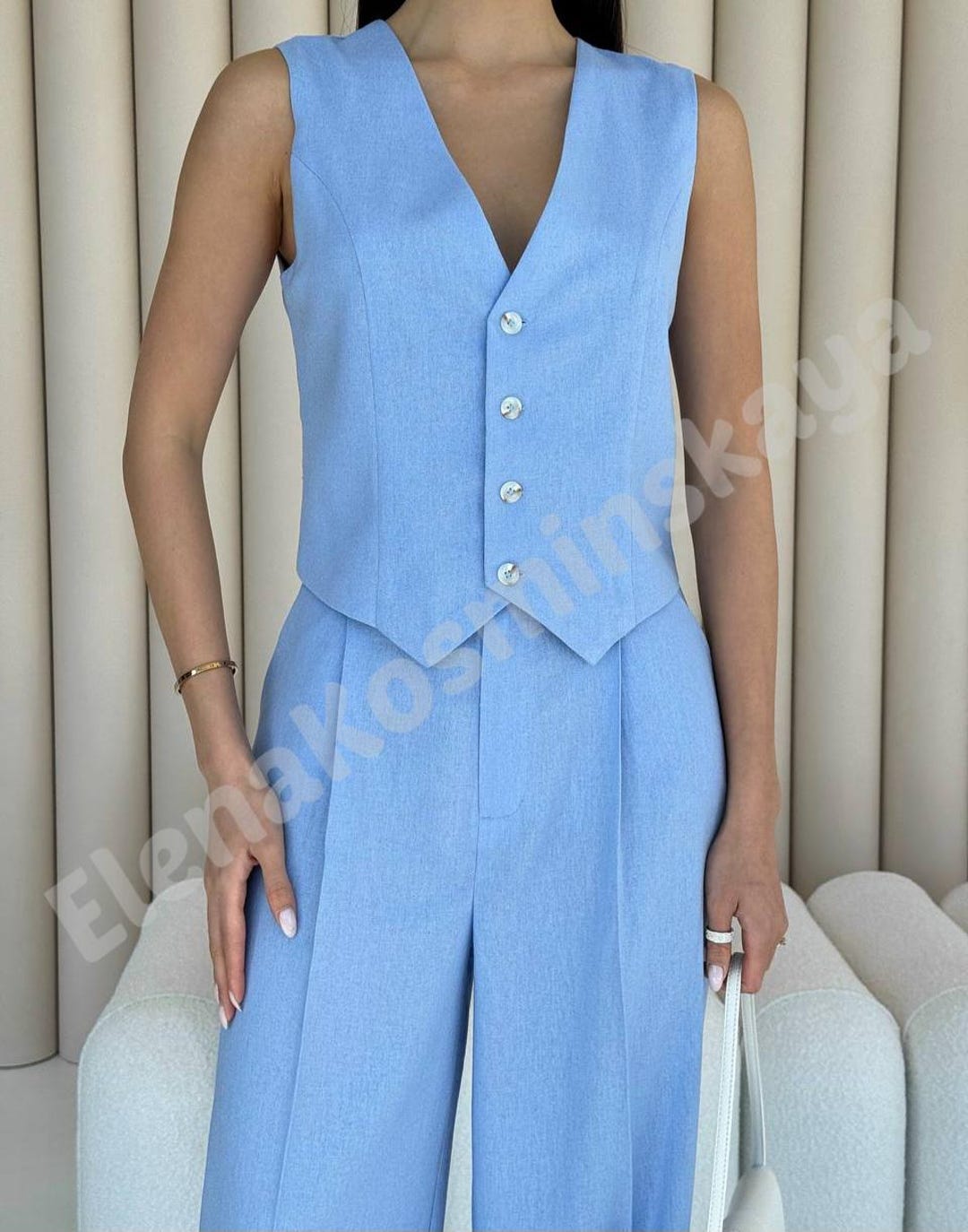 Light Blue Linen Suit for Women 2 Piece Set Crop Vest Palazzo Pants ...