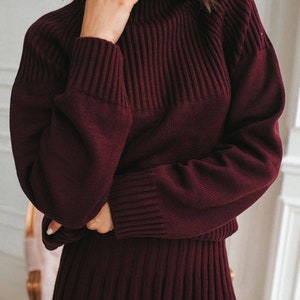 Burgundy Knitted Two Piece Suit for Women With Oversized - Etsy