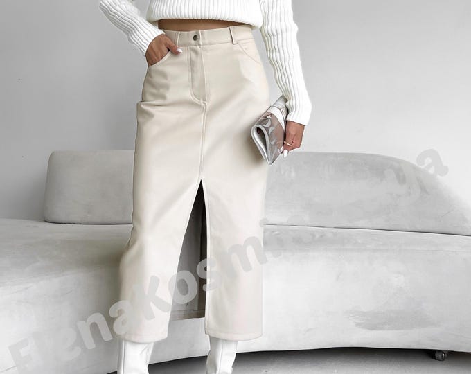 Ivory Midi Skirt For Women Faux Leather Skirt Front Slit Skirt Elegant