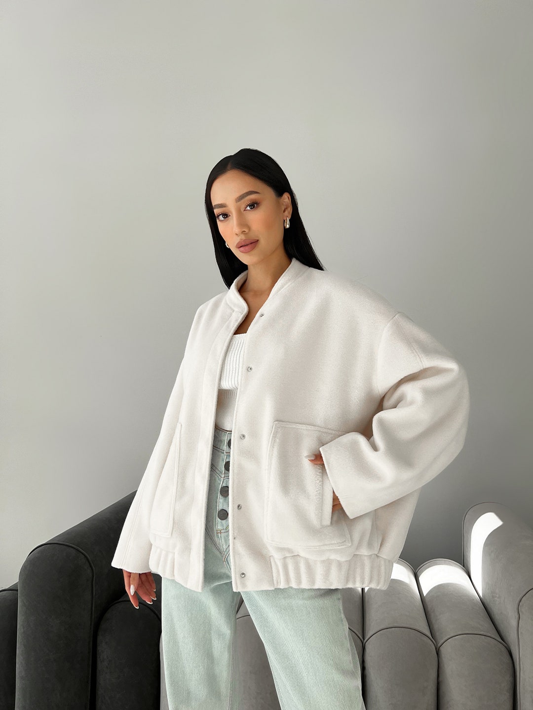 White Oversized Jacket for Women Wool Bomber Jacket Collarless - Etsy