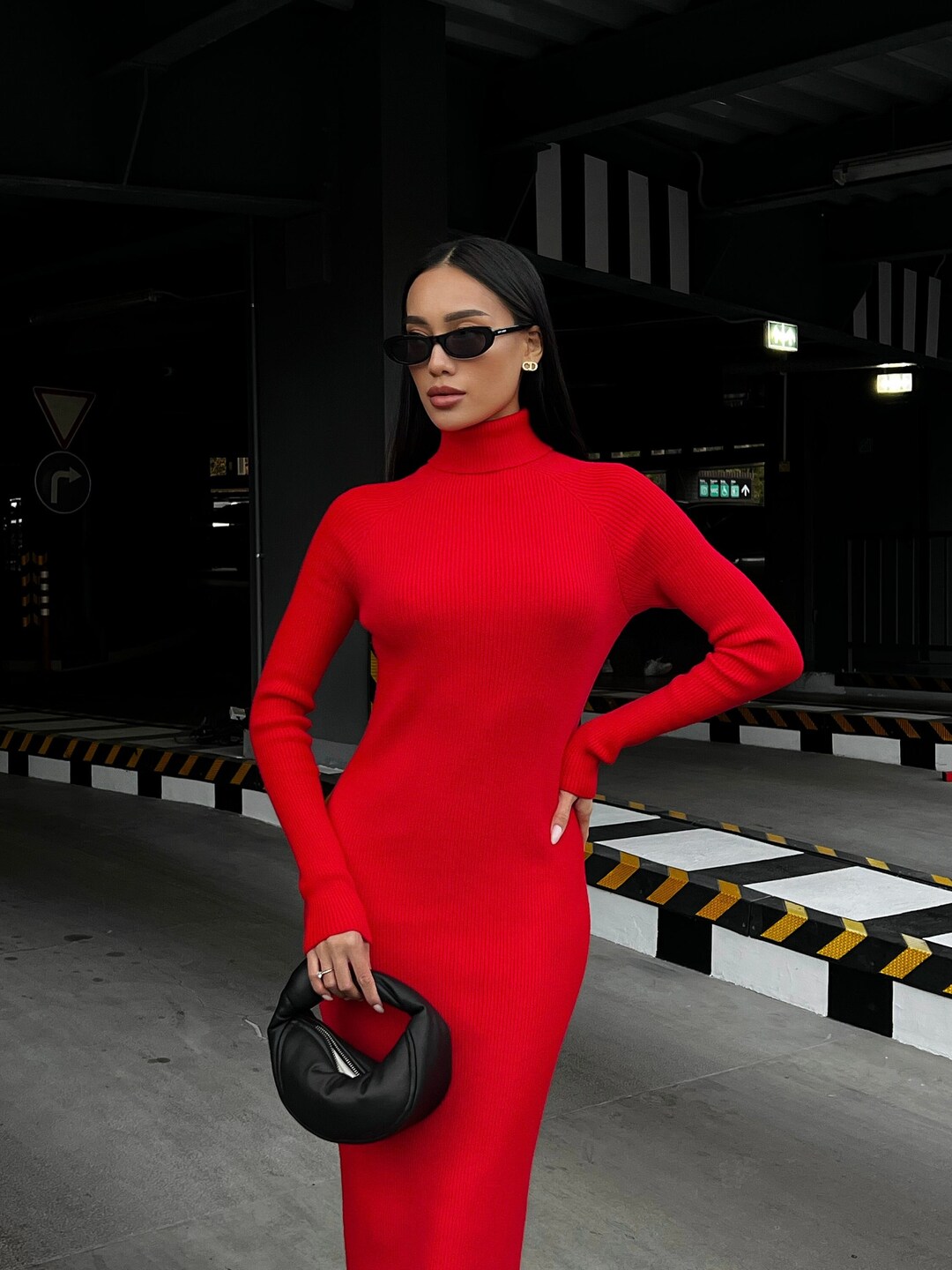 Red Seamless Knitted Dress for Women Ribbed Knit Dress Turtleneck Dress ...