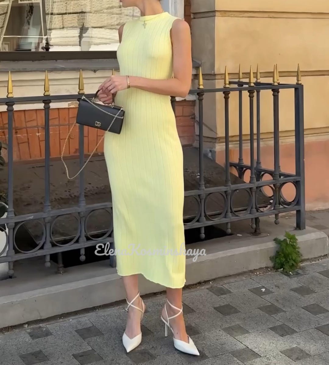 Yellow Ribbed Knit Bodycon Midi Dress: Seamless Sleeveless Sweaterdress ...