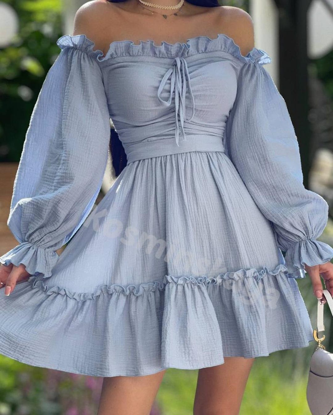 Light Blue Cotton Mini Dress for Women off Shoulder Dress Tender Ruffle ...
