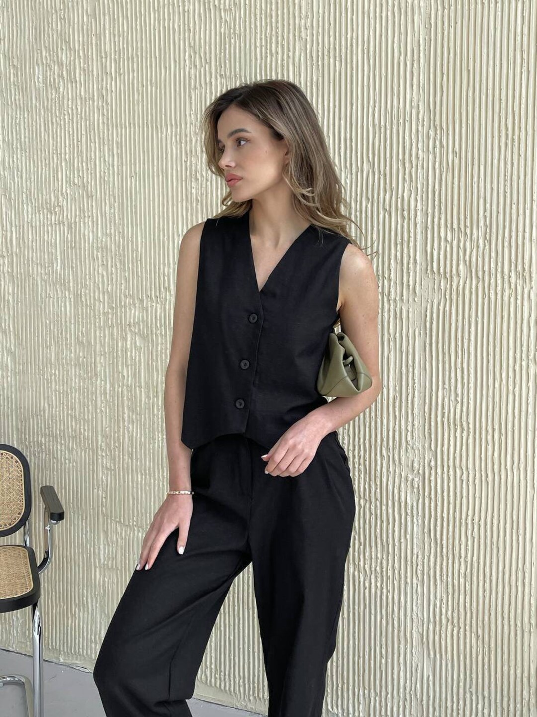 Black Linen Pantsuit for Women Elegant Suit Set Two Piece Set V Neck ...