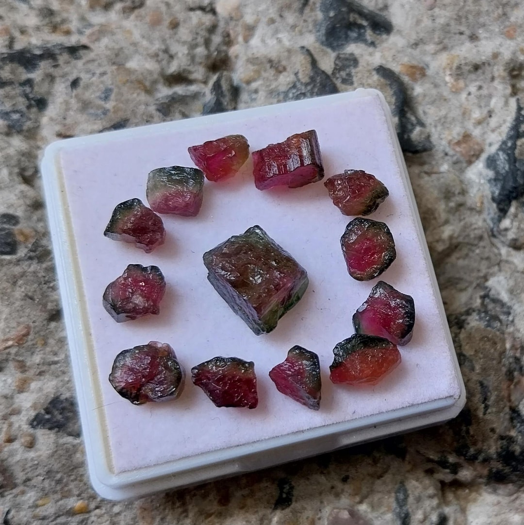 Watermelon Tourmaline Rough, 13 Piece Natural Pink Green Watermelon Bi ...