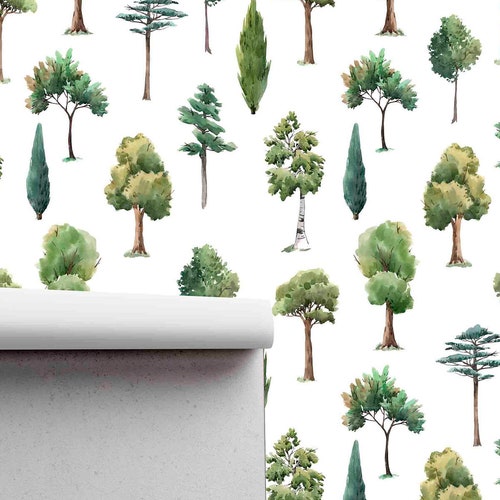 Trees Illustration Pattern Wallpaper Self Adhesive Peel and | Etsy