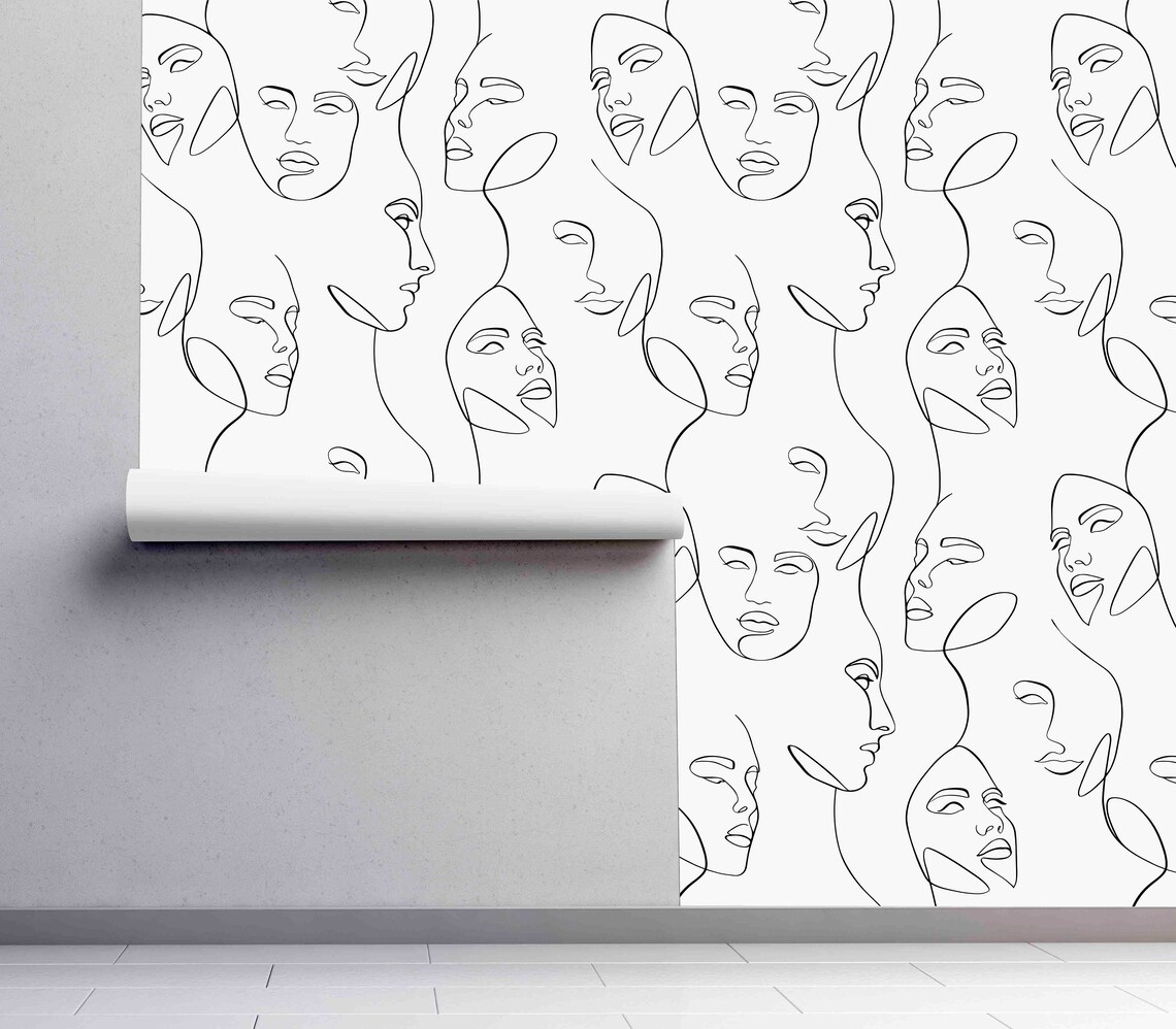 Abstract Female Faces Outline Wallpaper Cloud Gray - Etsy