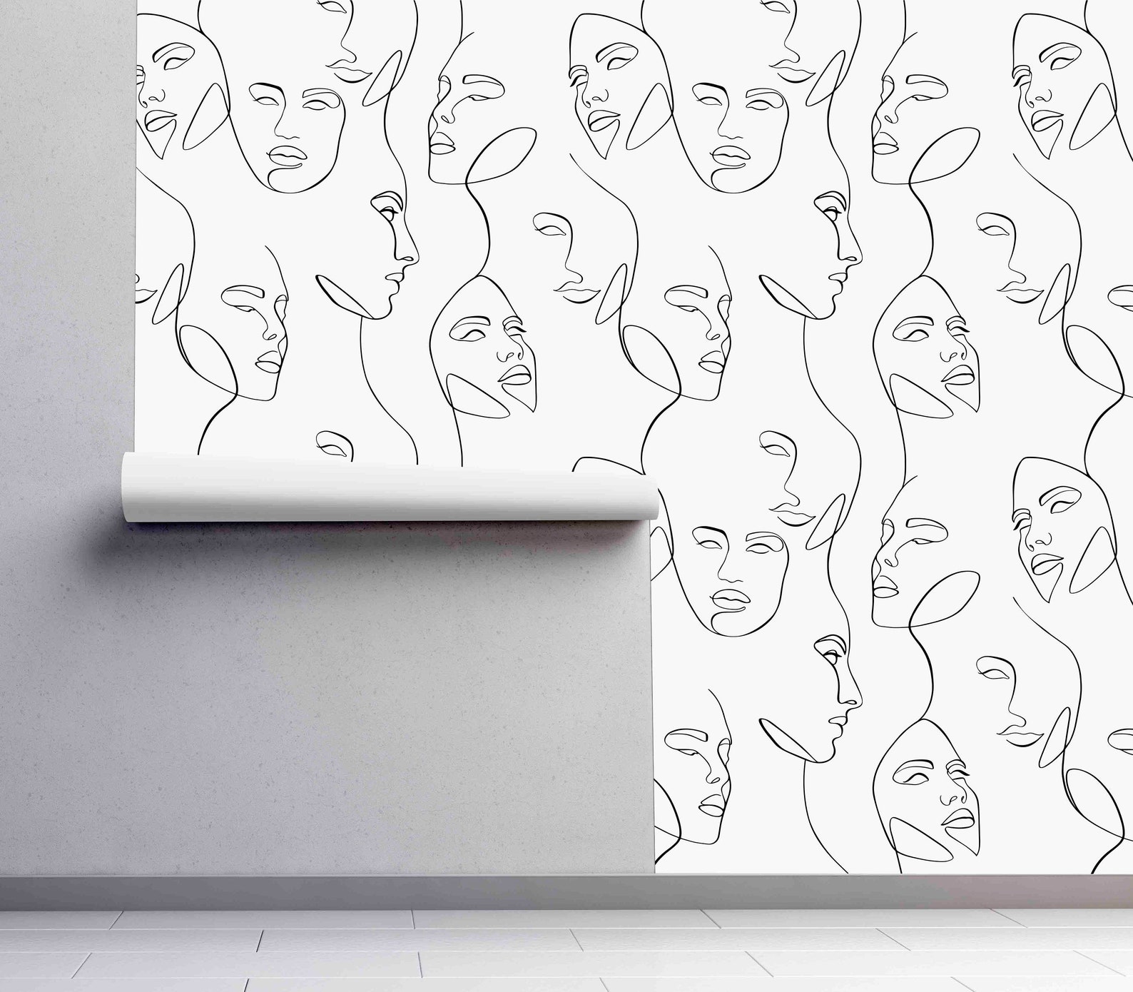 Abstract Female Faces Outline Wallpaper Cloud Gray - Etsy