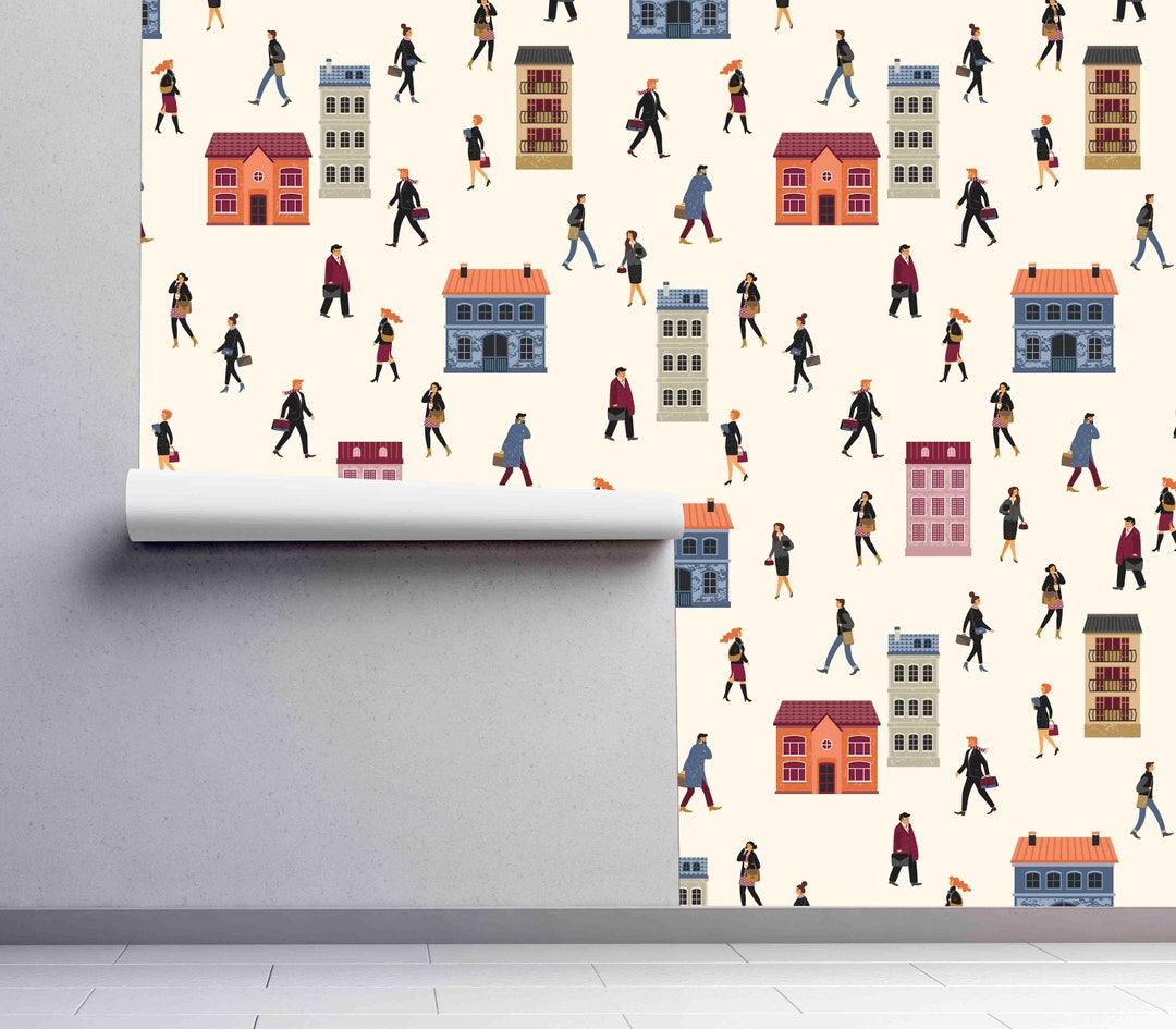 Busy City Pattern Wallpaper - Fabric Self Adhesive Peel and Stick ...