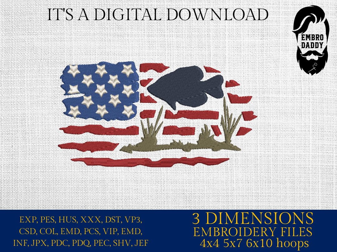 Machine Embroidery Files, Crappie Fish USA Flag, American Flag, PES ...