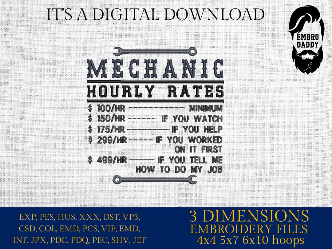 Machine Embroidery Files, Mechanic Hourly Rates, PES, Dst, Xxx, Hus ...