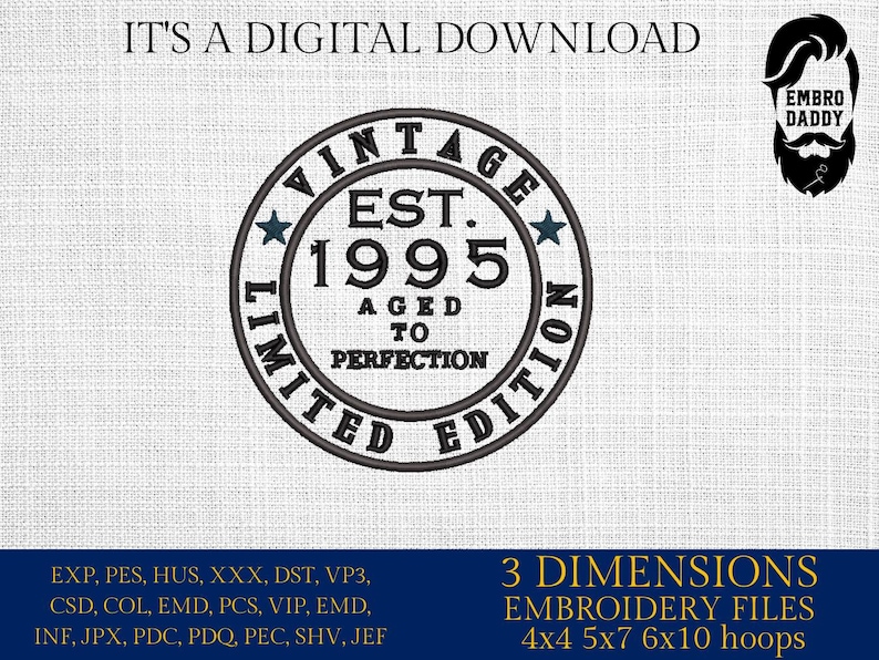 Machine Embroidery Files, Vintage 1995 Aged to Perfection Pes, Birthday ...