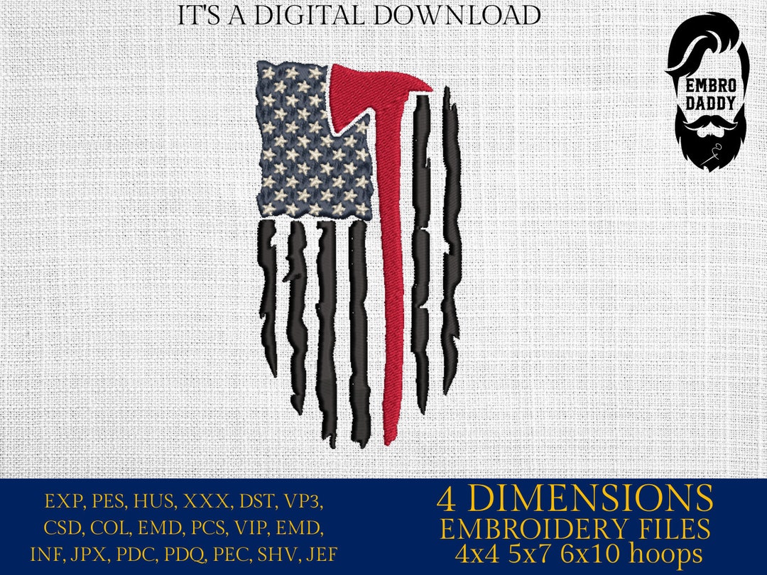 Machine Embroidery Files, USA Flag, Red Line Flag, Firefighter Flag ...