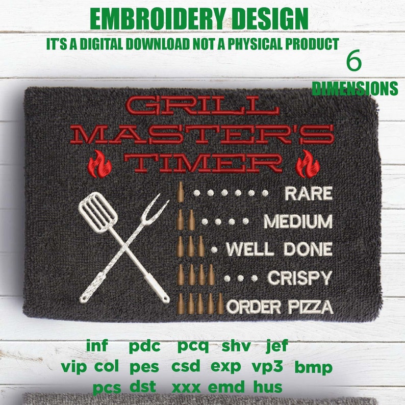 Machine Embroidery, Grill Master's Timer, Drink Beer Grill Meat BBQ ...