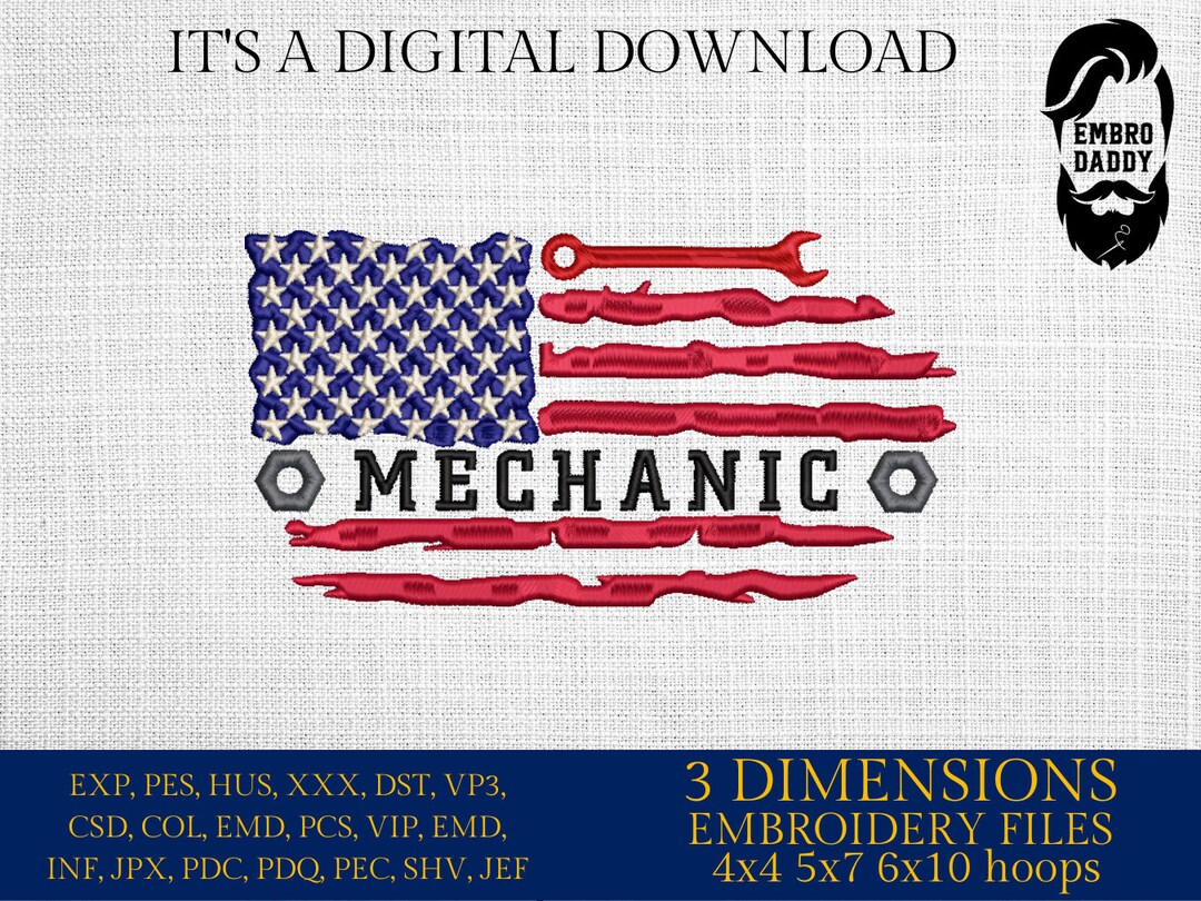 Machine Embroidery Files, USA Flag Mechanic, PES, DST, Xxx, Hus & More ...