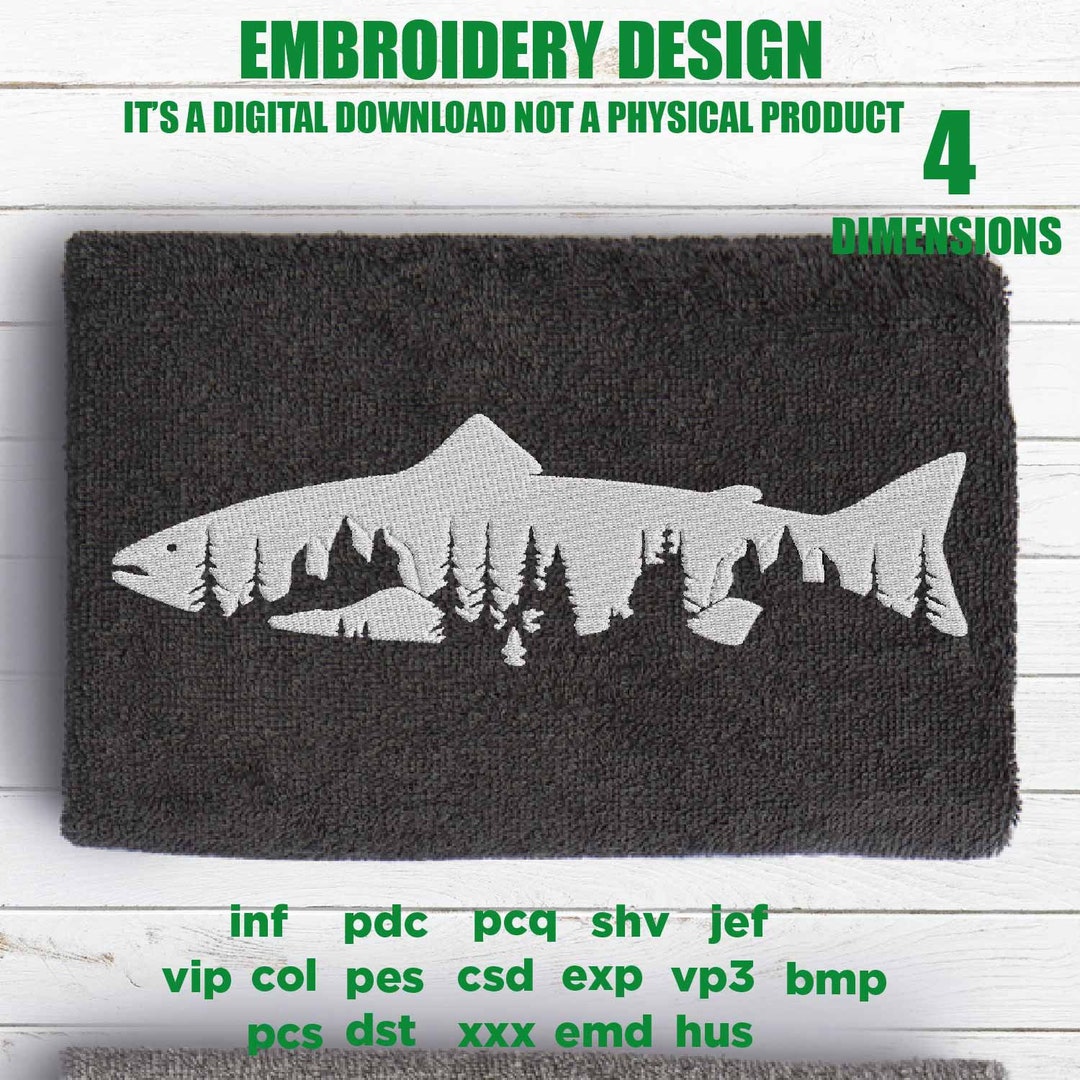 Machine Embroidery, Mountain Salmon Embroidery Files, Fisher Gift Idea ...