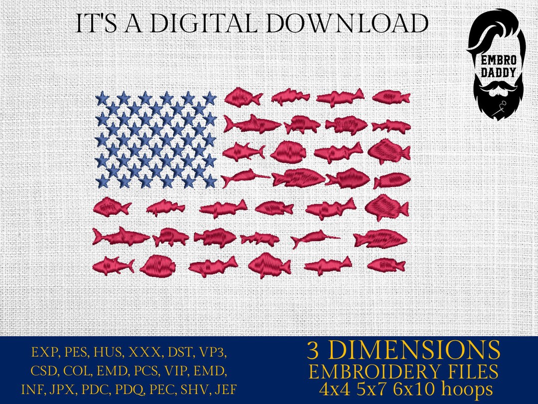 Machine Embroidery Files, Fish USA Flag, American Flag, PES, DST, Xxx ...