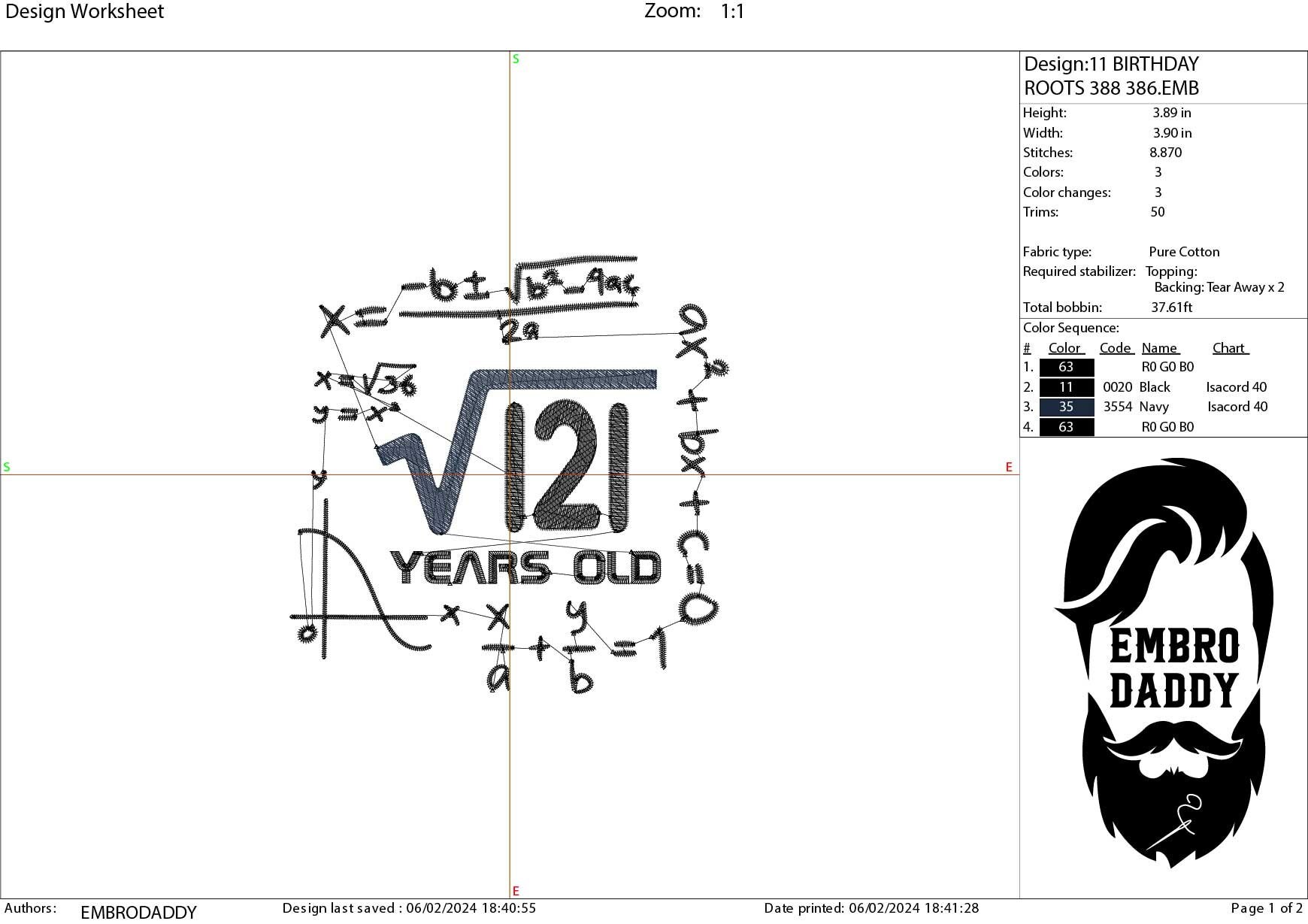 Machine Embroidery Files, 11 Th Birthday, Math, Eleven, Square Roots ...