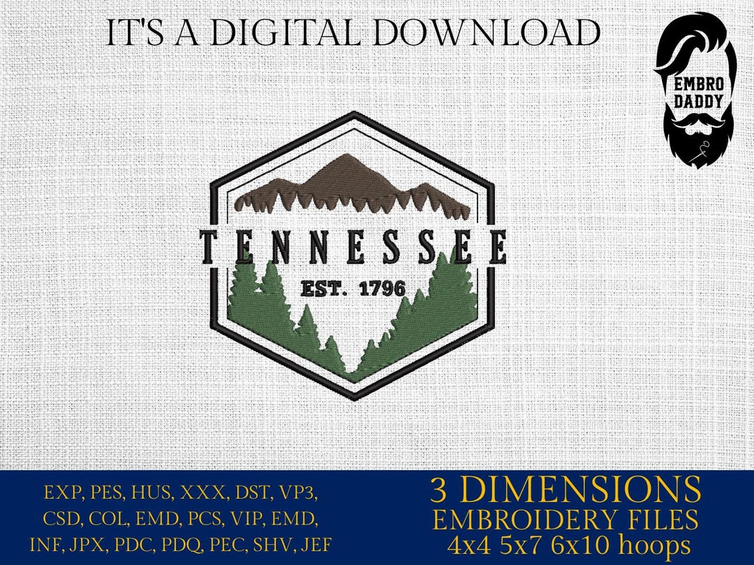 Machine Embroidery Files, Tennessee, Est 1796, DST, PES, Xxx Hus & More ...