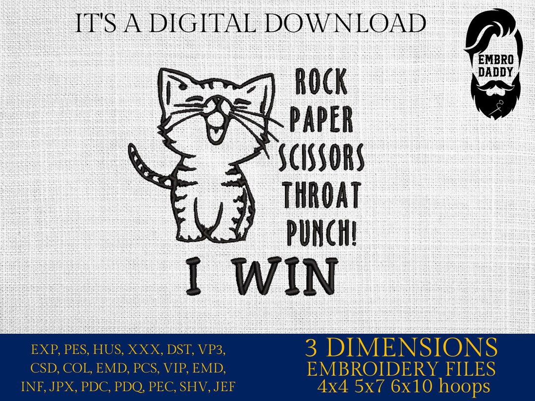 Machine Embroidery Files, Cat Rock Paper Scissors Throat Punch, PES ...