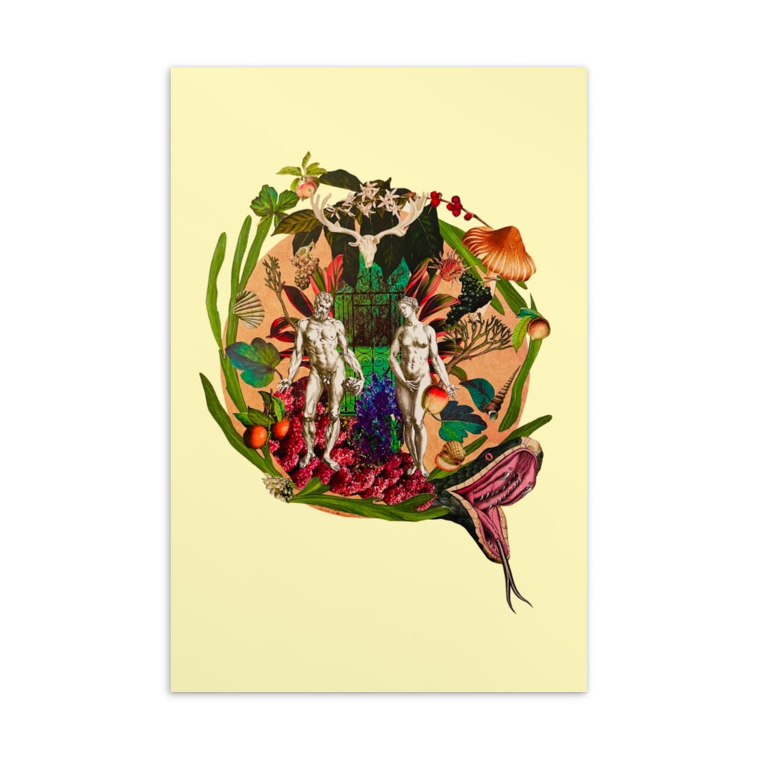 Garden of Eden Collage Art Postcard, Gothic Botanical Adam and Eve - Etsy