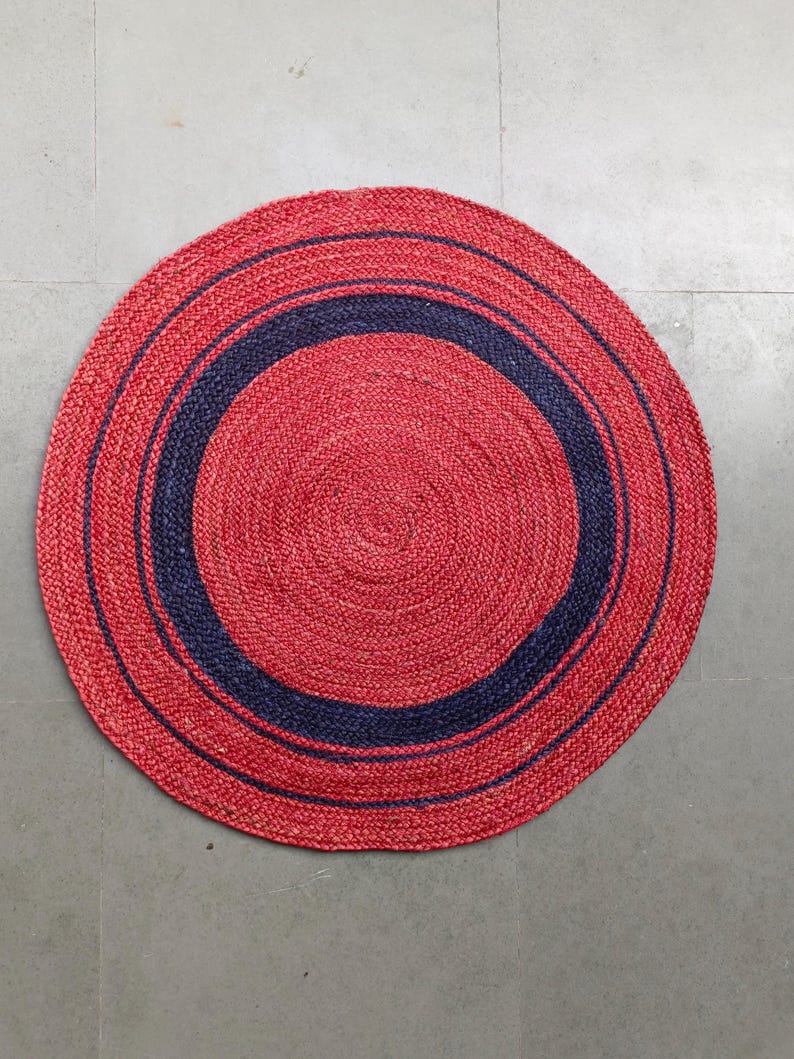 Colorful Red Round Jute Rug, Handmade Braided Natural Wool Jute Kilim ...