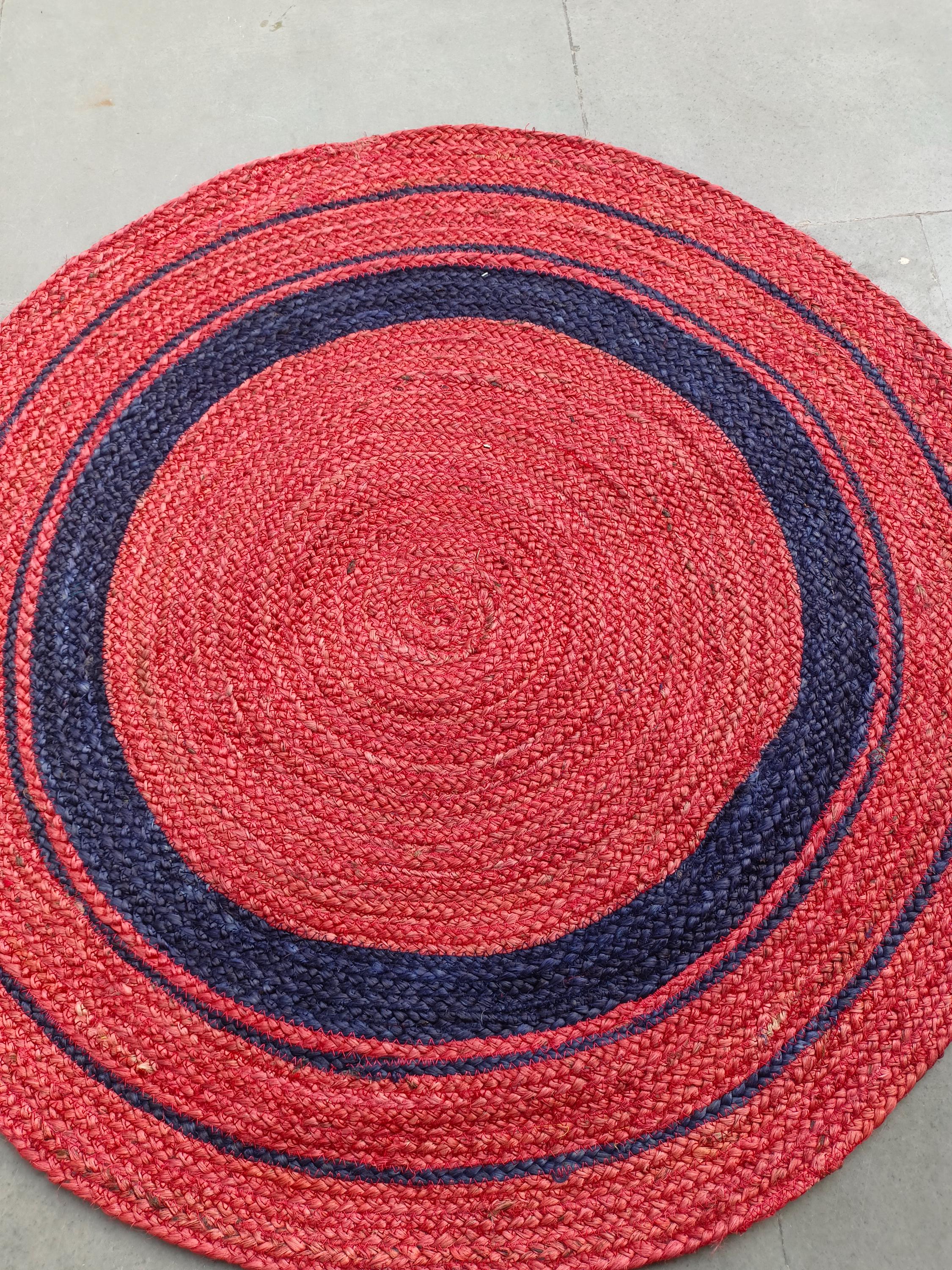 Colorful Red Round Jute Rug, Handmade Braided Natural Wool Jute Kilim ...