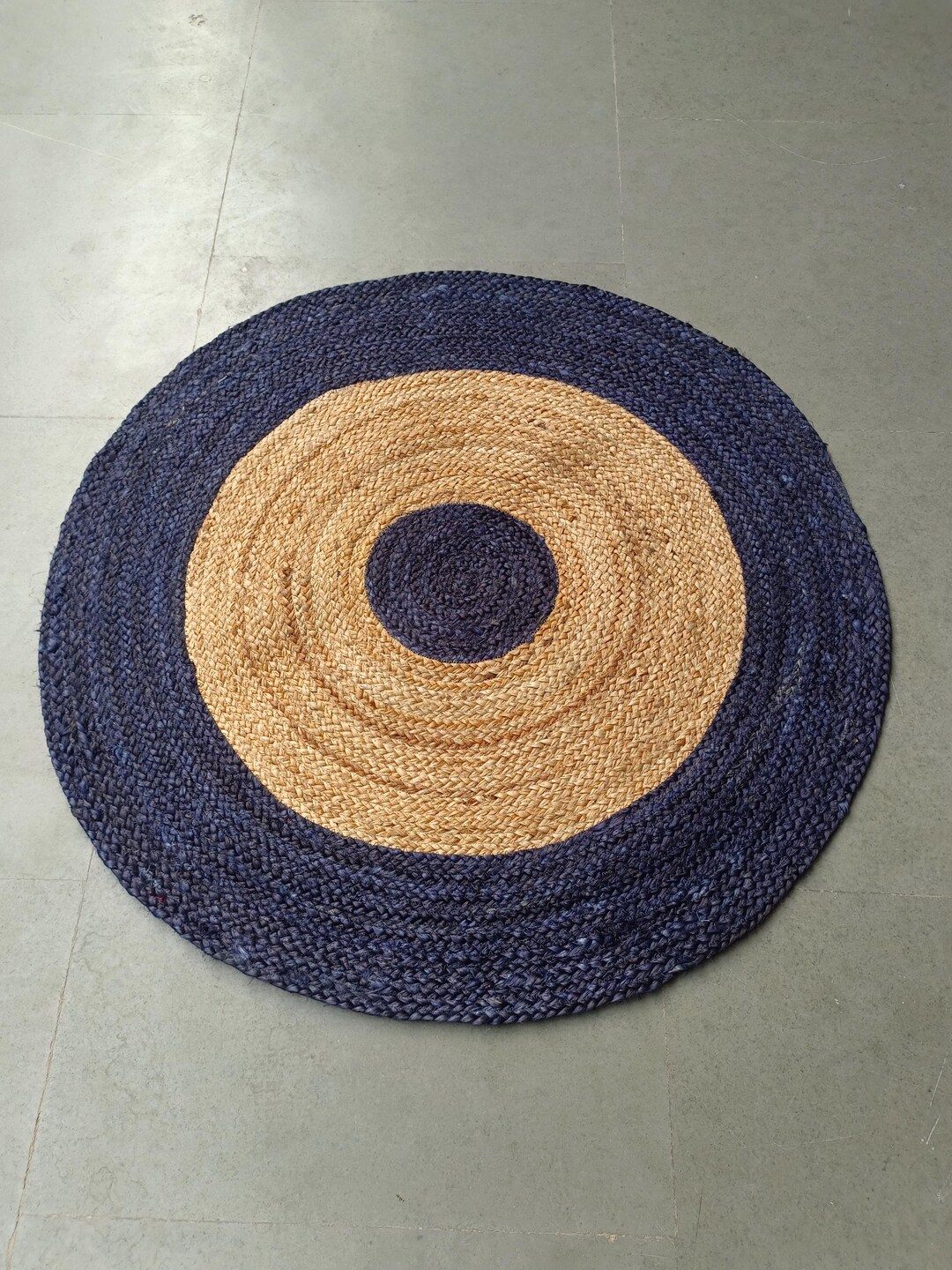 Handmade Braided Jute Rug, Beige & Blue Natural Bohemian Circle Floor ...