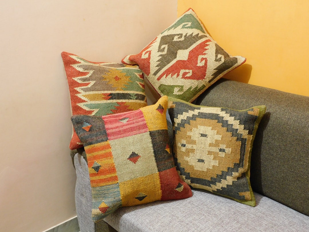Handwoven Wool Jute Cushion Cover Set, Natural Multi Color, 18x18 Inch ...