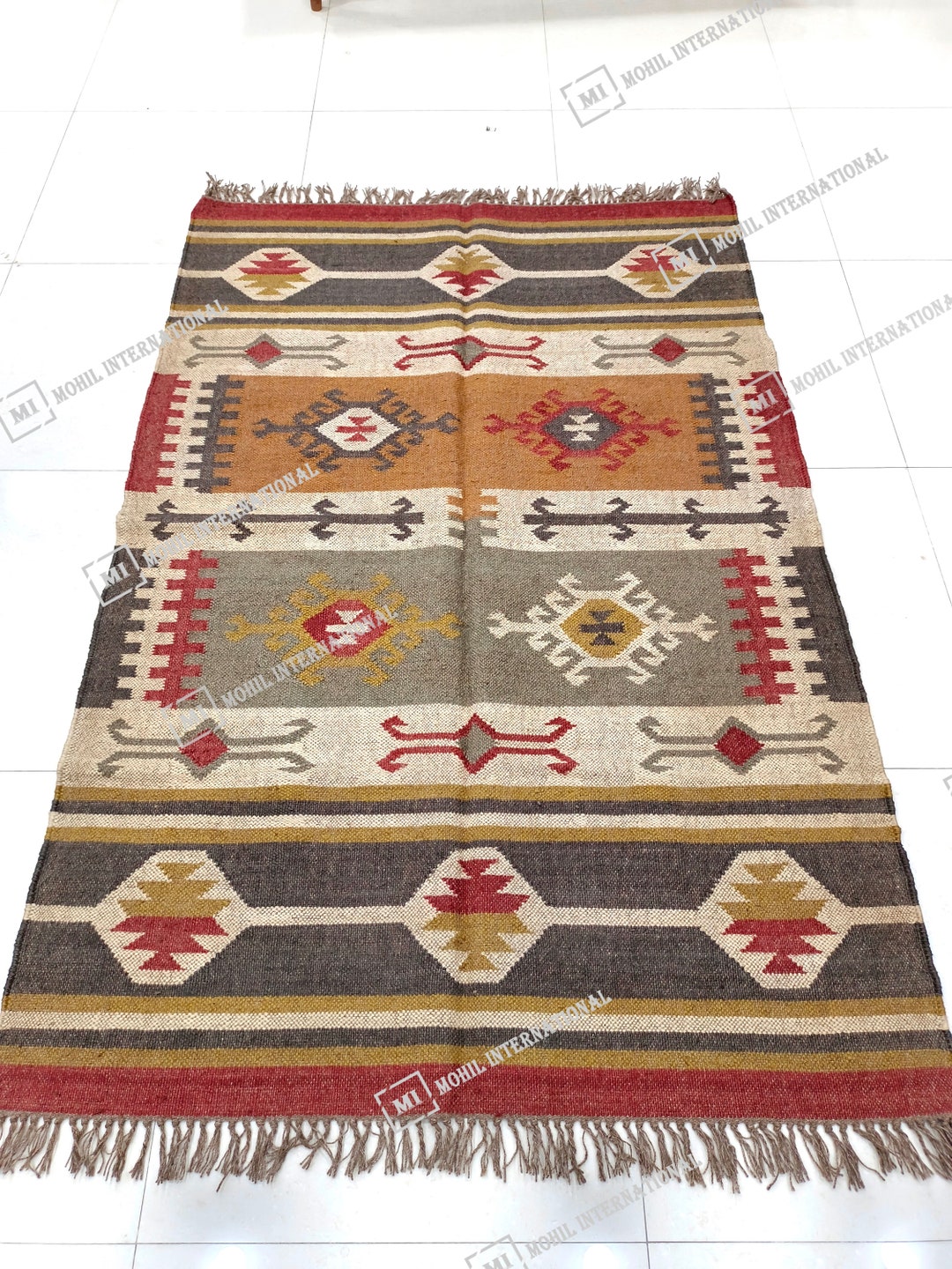 Traditional Indian Handmade Kilim Rug, Handwoven, Wool and Jute Rug ...