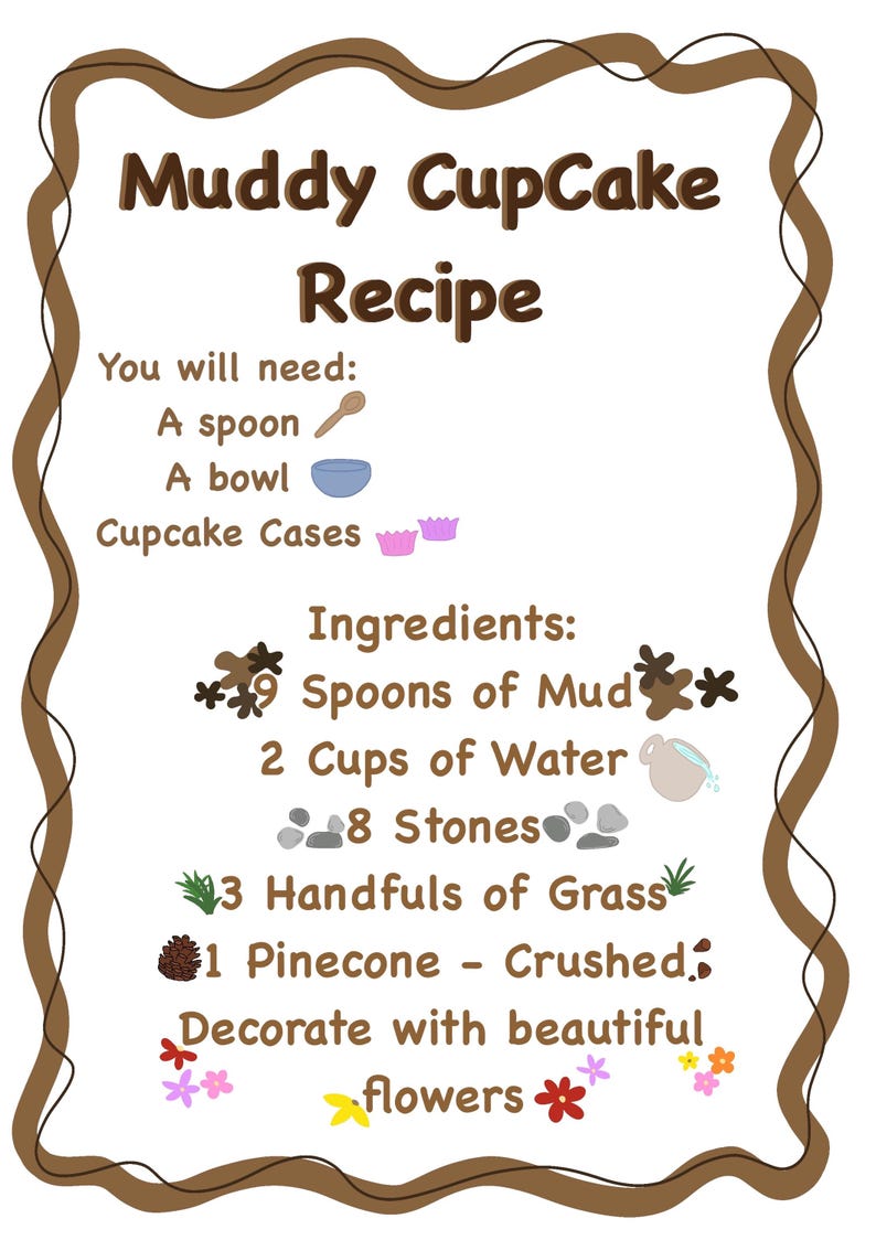 Muddy Cupcake Recipe, Mud Pie Recipe, Recipe Poster, Mud Kitchen ...
