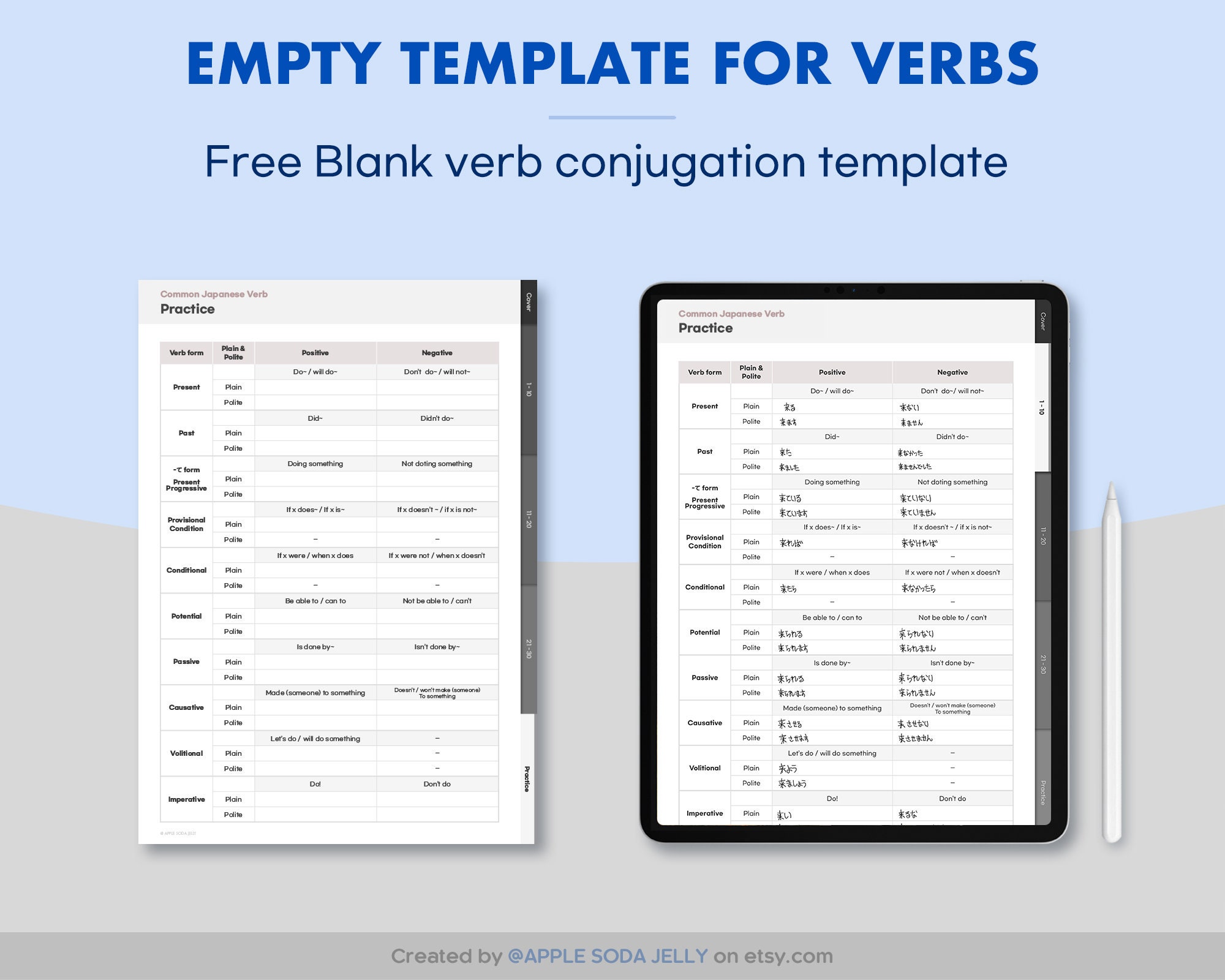 Japanese Verb Conjugation Practice Notebook Digital Notebook - Etsy