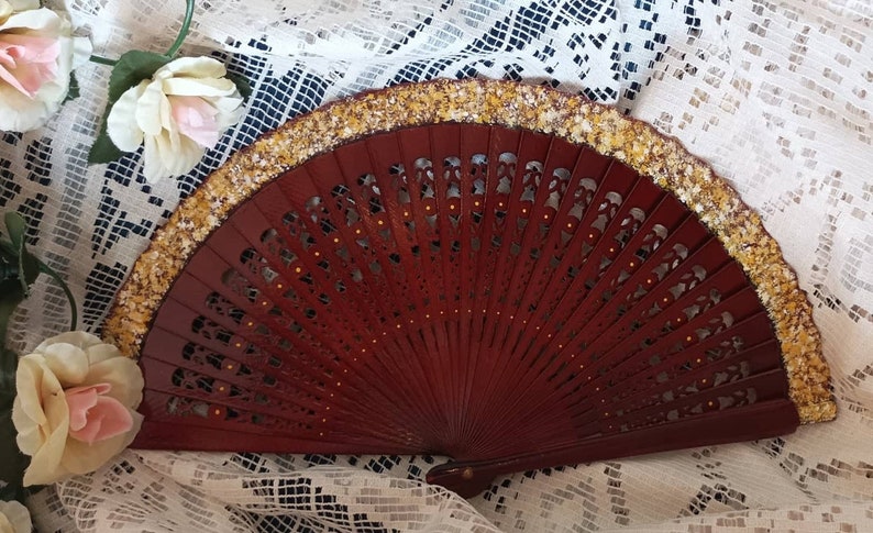 Hand Painted Spanish Fan Brown and Yellow Folding Fan Carved - Etsy