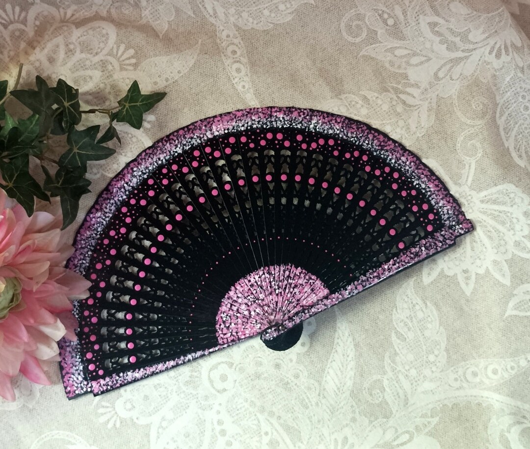 Black and Pink Folding Fan, Hand Painted Spanish Hand Fan, Carved Wood ...