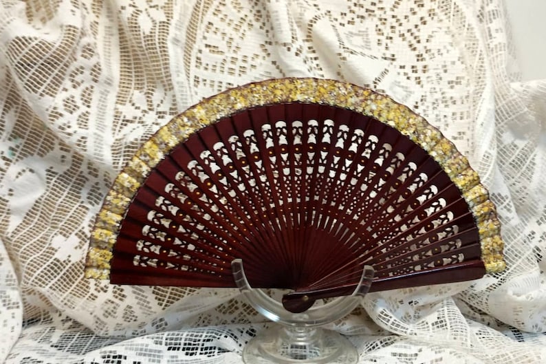 Hand Painted Spanish Fan Brown and Yellow Folding Fan Carved - Etsy