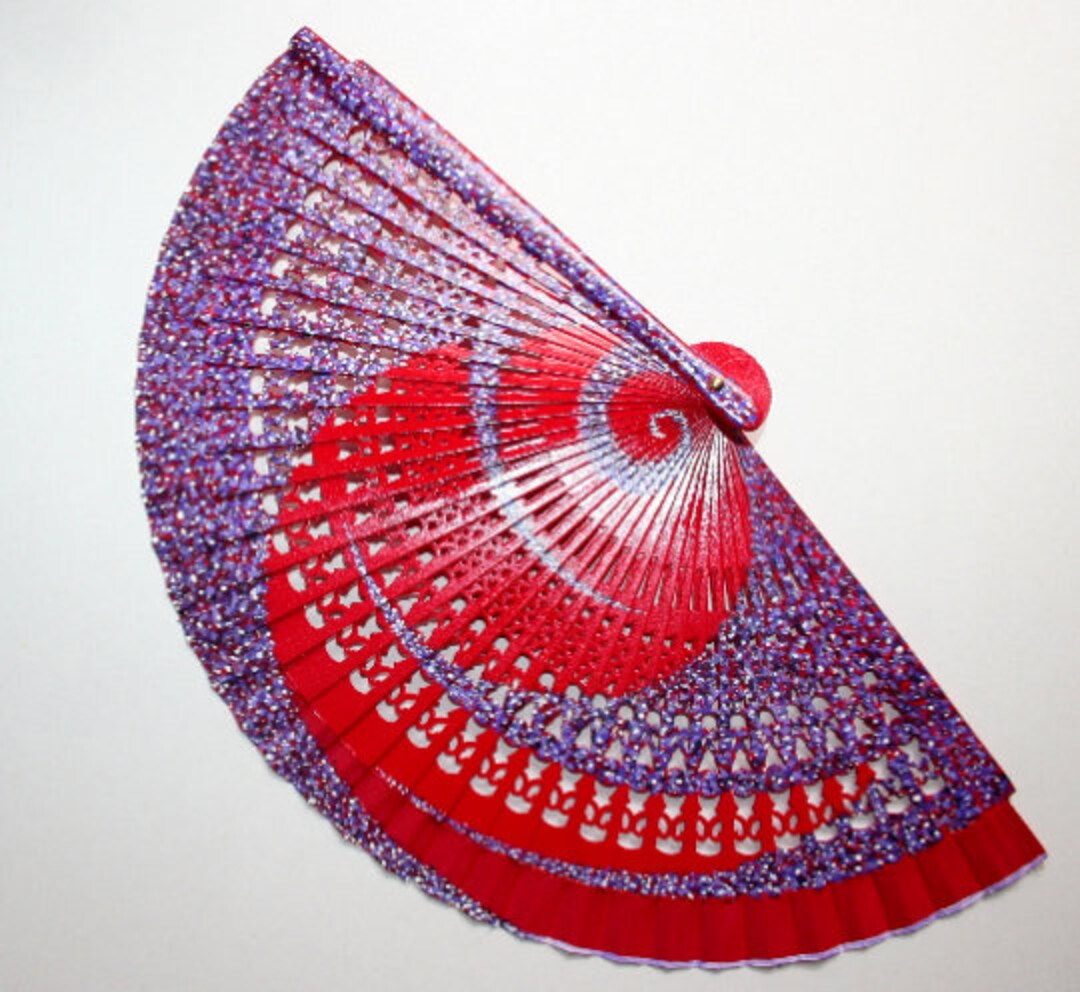 Spanish Fan, Hand Painted, Red Folding Fan With Purple Tones, Carved ...