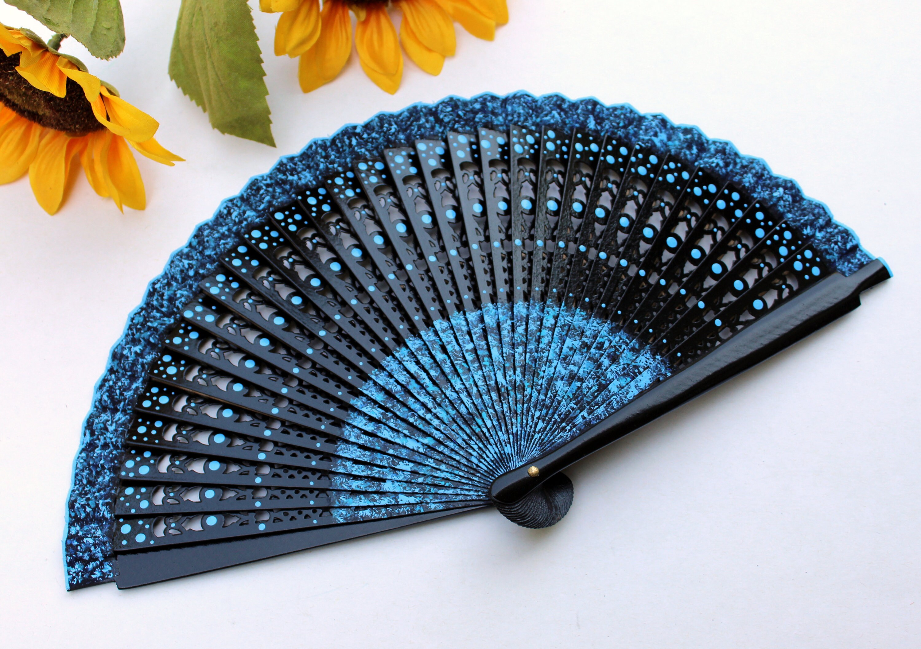 Black and Blue Hand Painted Folding Fan Carved Wood Free - Etsy