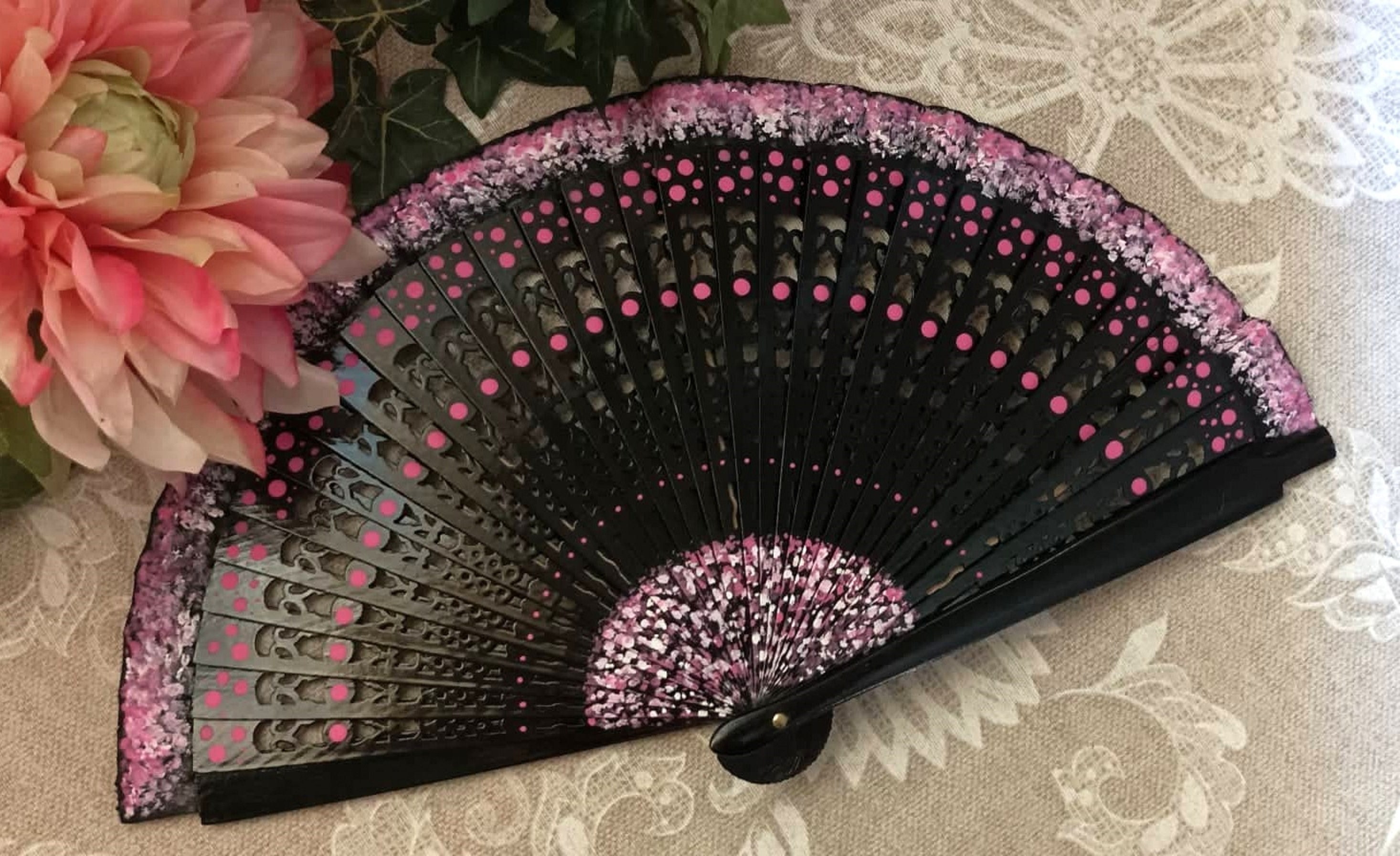 Black and Pink Folding Fan Hand Painted Spanish Hand Fan - Etsy
