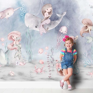 Mermaid Wallpaper Underwater Sea Wall Sticker Mural Nursery Kids Room ...