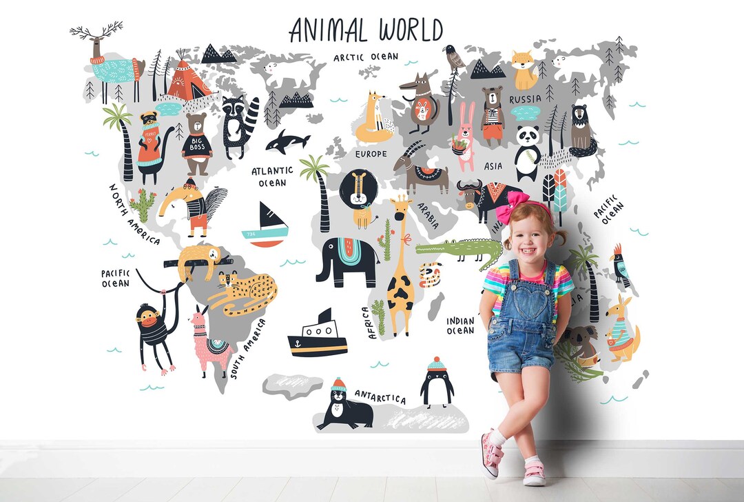 WORLD MAP Animals Wallpaper Wall Sticker Stickers Nursery Mural Kids ...
