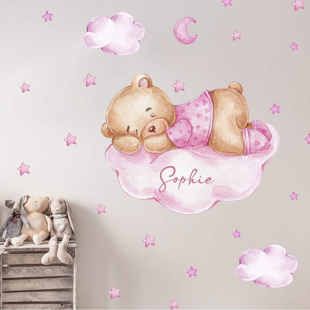 Pink Bear on the Cloud V362 With Desired Name Wall Sticker Children's ...